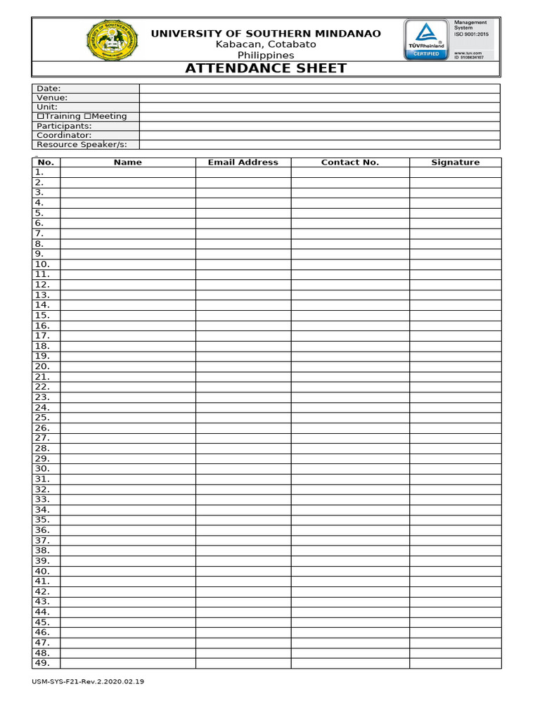 USM Attendance Sheet Template | PDF