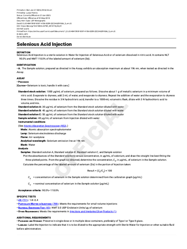 USP-NF Selenious Acid Injection | PDF | Selenium | Applied And ...