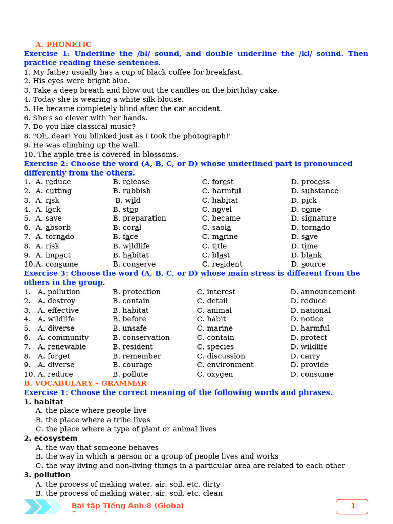 Bài tập Anh 8 Global Siêu Hay có đáp án Unit 7 - HS | PDF | Pollution | Natural Environment