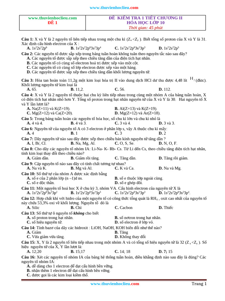 Tuyen Chon 8 de KT 1 Hoa 10 Lan 2 Co Dap An | PDF