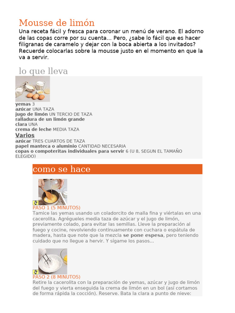 Mousse de Limón: Receta Fresca y Fácil | PDF | Alimentos