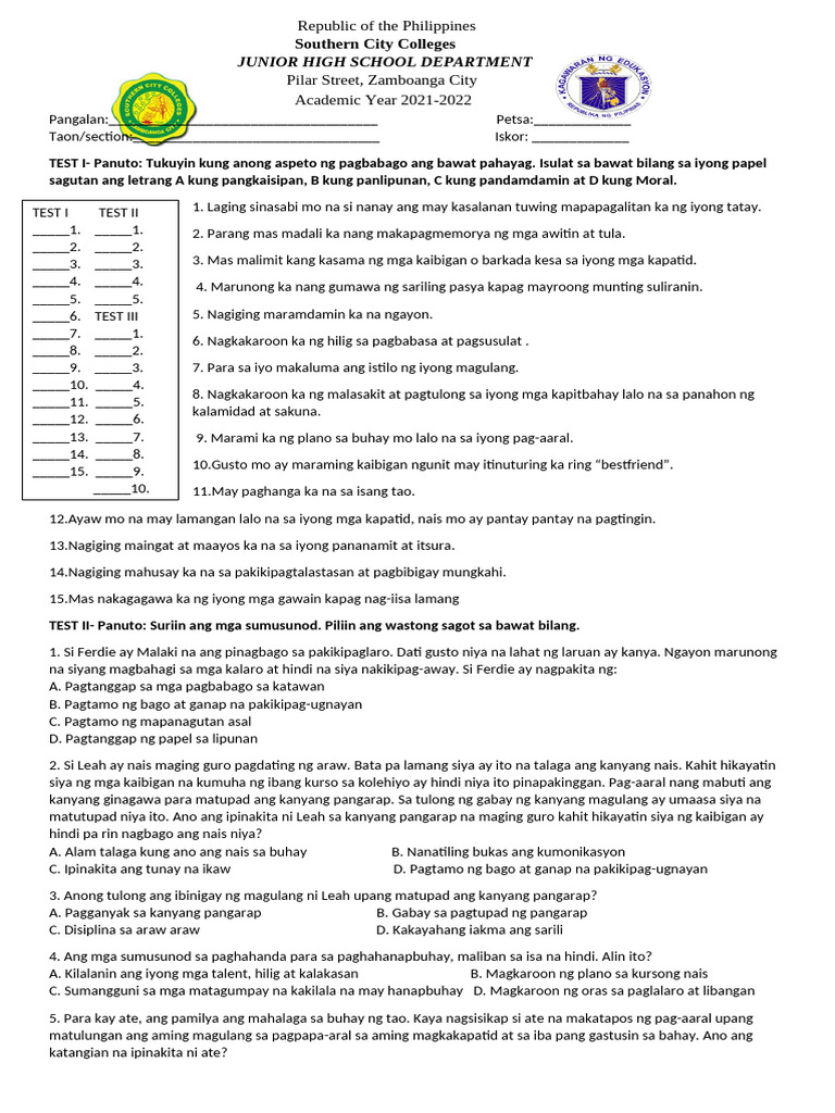 summative exam 1st grading | PDF