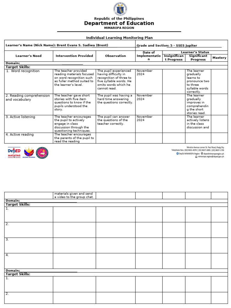 Revised Individual Learning Monitoring Plan | PDF | Learning | Reading ...