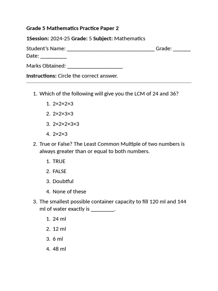 Grade 5 Mathematics Practice Paper 2 | PDF | Triangle | Angle