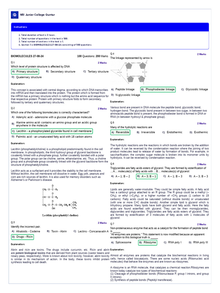 NRI Junior College Guntur Biomolecules Test | PDF