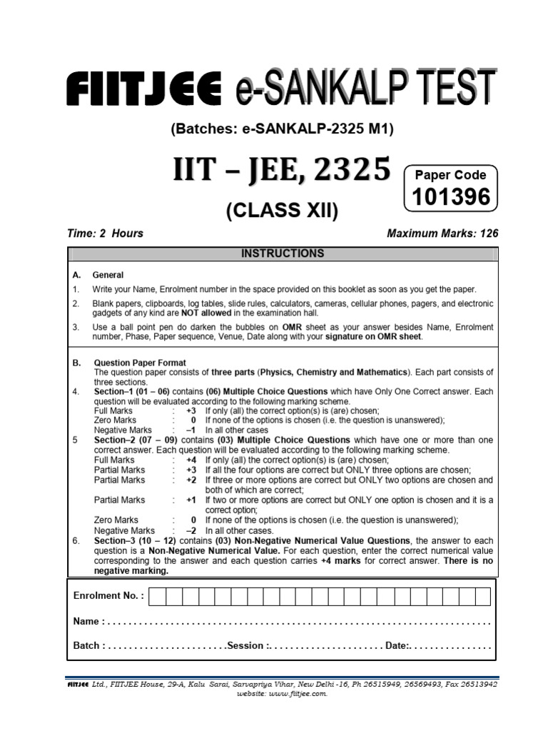Weekly Test-22 Sankalp2325m1 Paper & Answer Key (Xii) | PDF ...