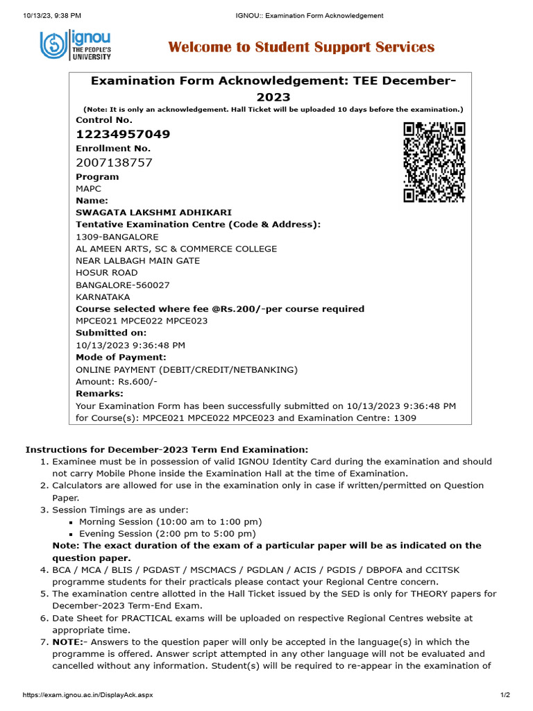 IGNOU - Examination Form Acknowledgement | PDF | Payments | Banking ...