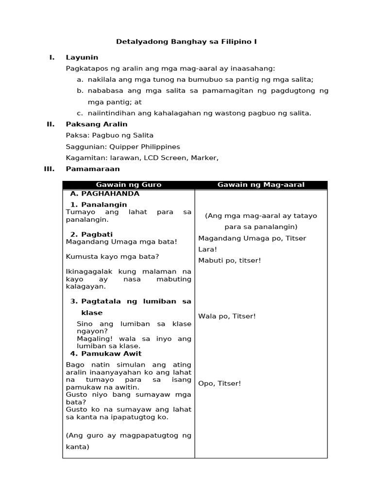 Detalyadong Banghay Sa Filipino I - AYENTO | PDF