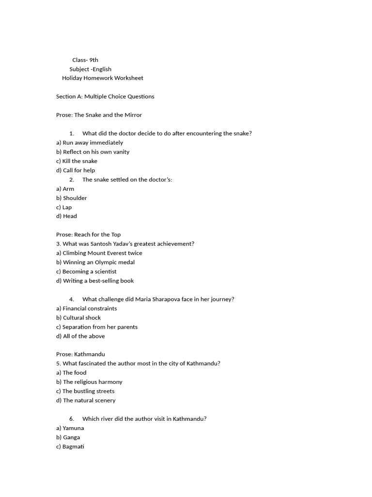 Class - 9th Holiday Homework Worksheet | PDF | Verb
