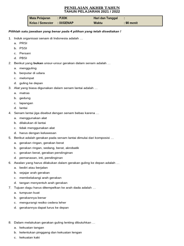 SOAL PJOK KLS 9 | PDF