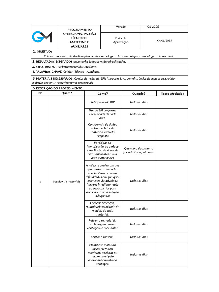 Procedimento Operacional Padrão Técnico de Materiais e Auxiliares | PDF
