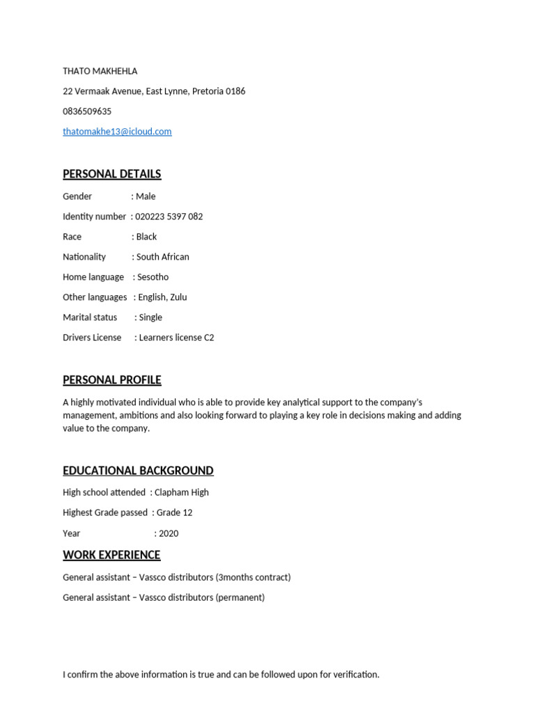 Thato Makhehla Cv2 | PDF