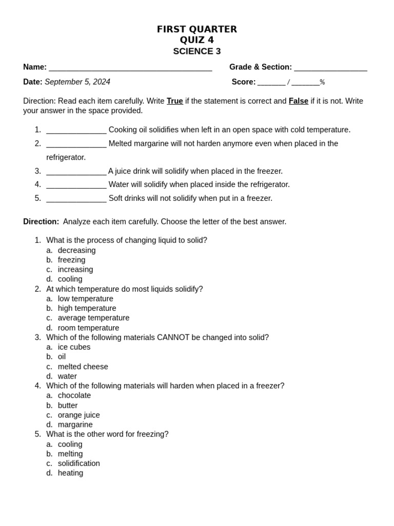 Science Quiz on States of Matter | PDF