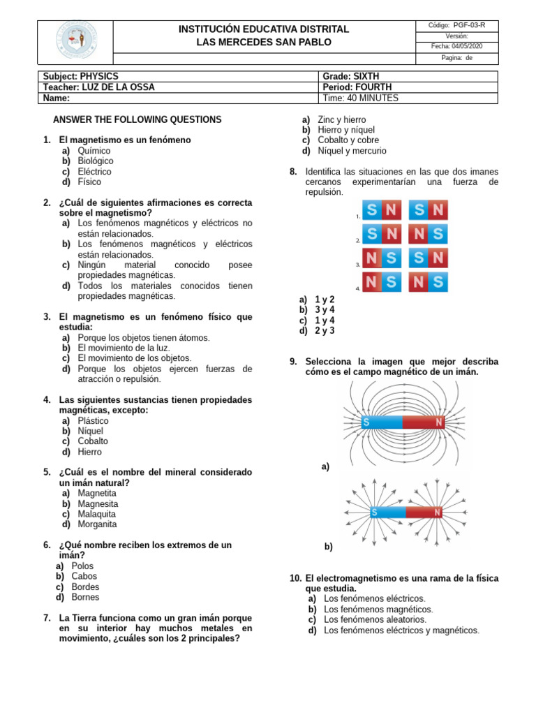 Examen Magnetismo 4P | PDF | Magnetismo | Imán
