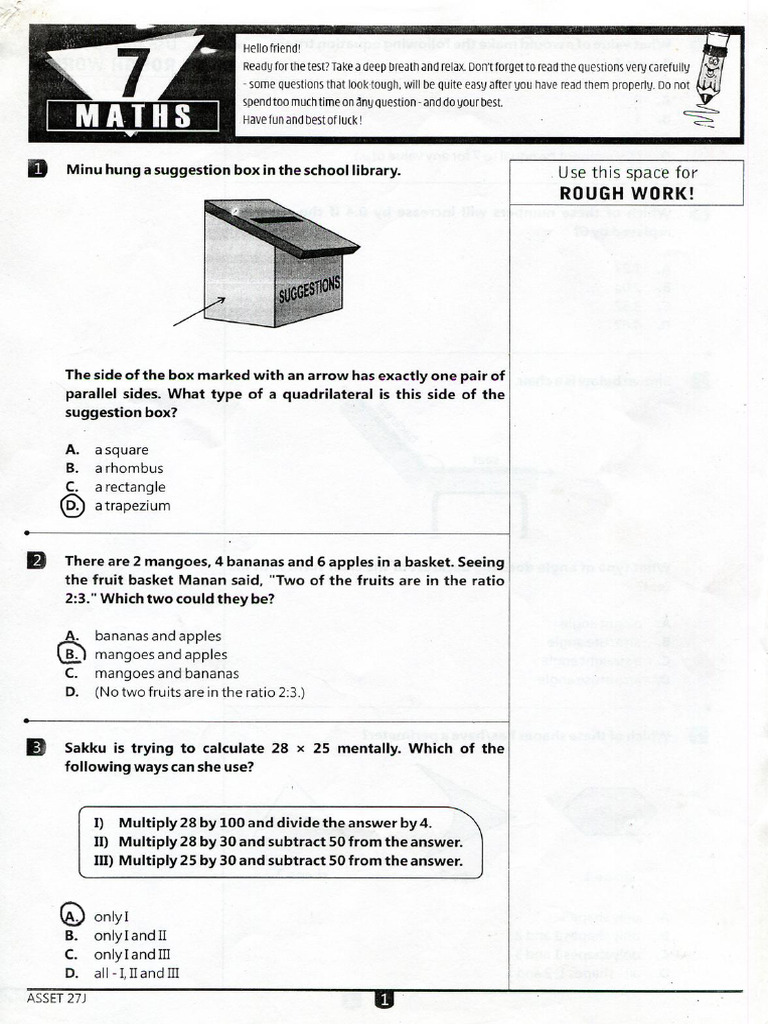 Asset Class 7 Maths Paper Code 27 J | PDF