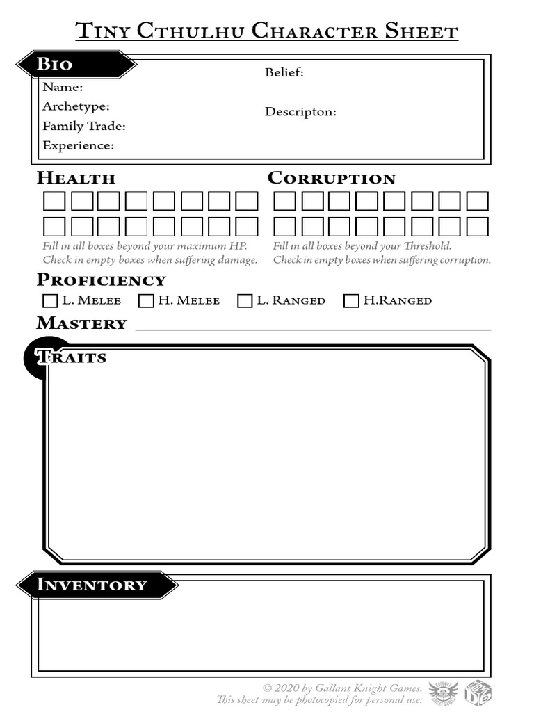 Tiny Cthulhu Character Sheet | PDF