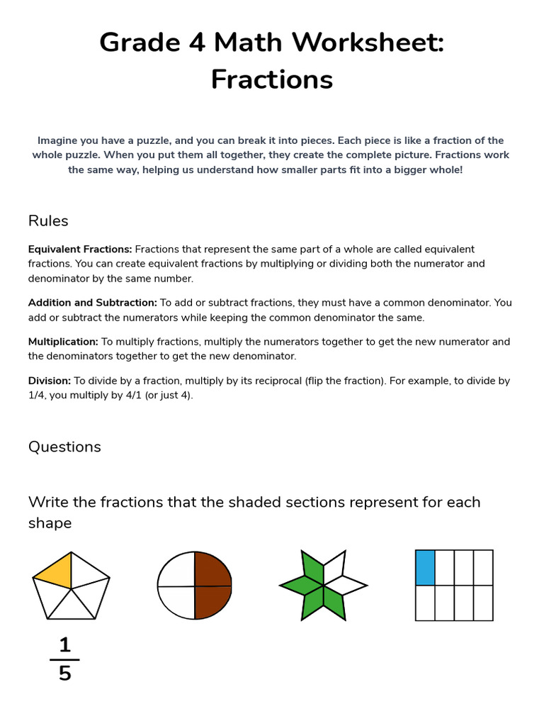 Grade 4 Fractions Math Worksheet | PDF | Mathematics | Mathematical Objects