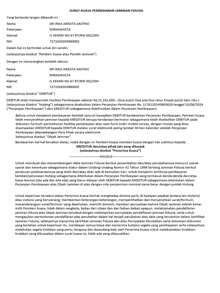 Surat Kuasa Pembebanan Jaminan Fidusia Non NB | PDF