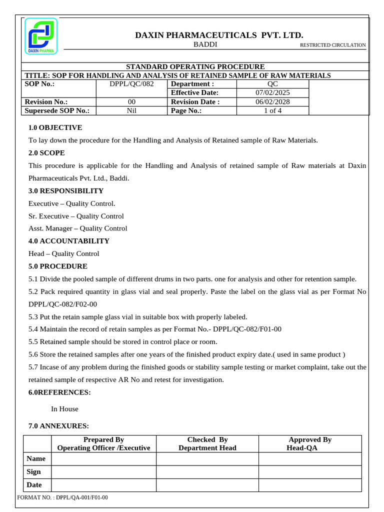 Retained Sample SOP for Daxin Pharma | PDF | Business Process | Quality