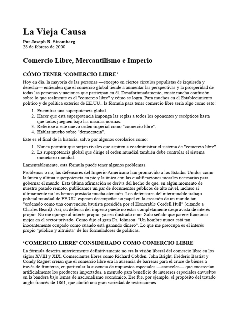 La Vieja Causa Joseph Stromberg | PDF | Libre comercio | Comercio
