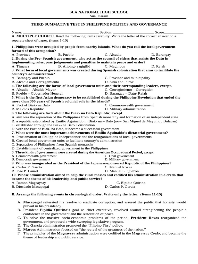 Pol. Gov. 3RD 4TH Summative Test | PDF | Philippines | Government