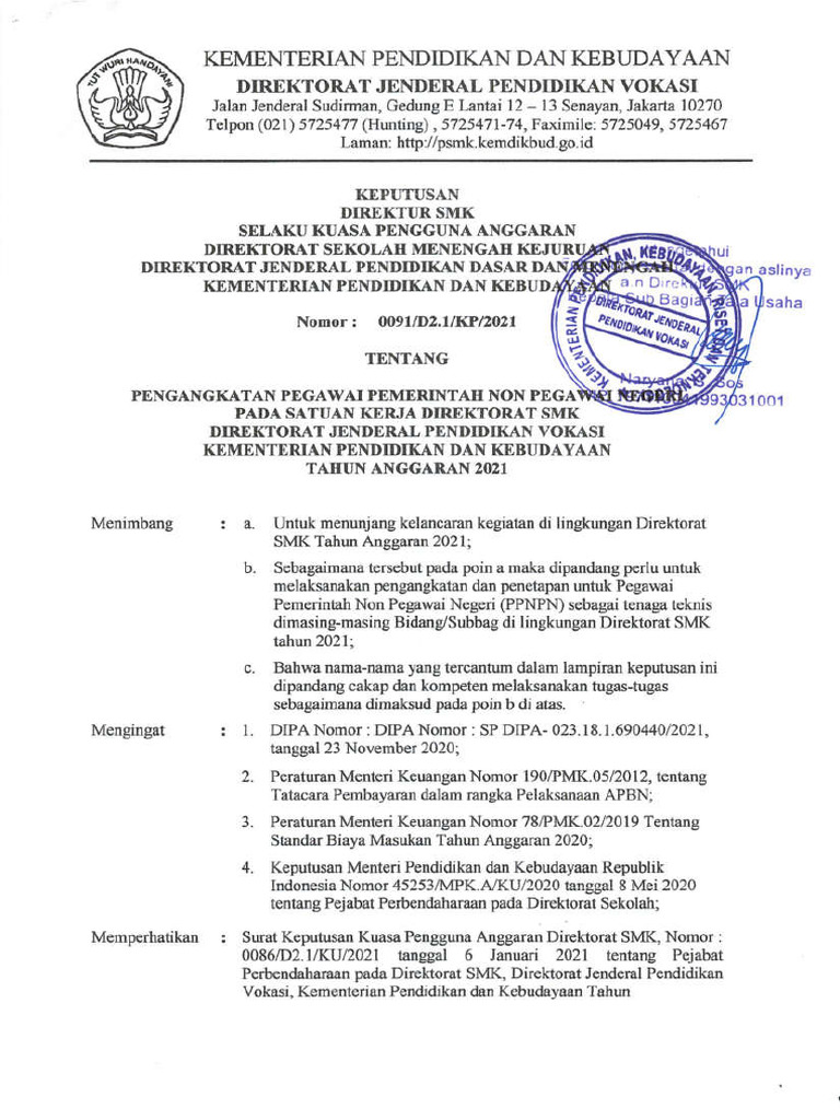 0091.D2.1.KP.2021 TGL 11.01.2021 - Legalisir Asli - SK PPNPN TAHUN ANGGARAN 2021 | PDF