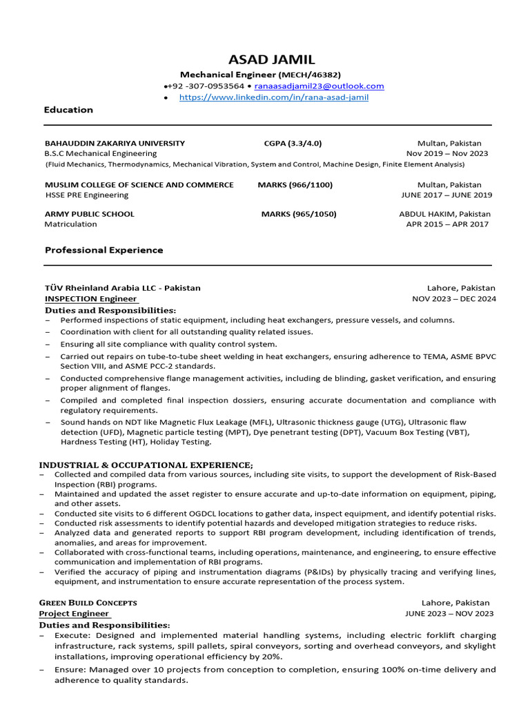 ASAD JAMIL RESUME Mechanical Engineer | PDF | Life Cycle Assessment