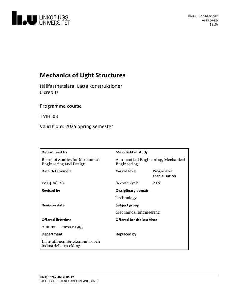Syllabus Mechanics of Light Structures | PDF | Engineering | Mechanical ...