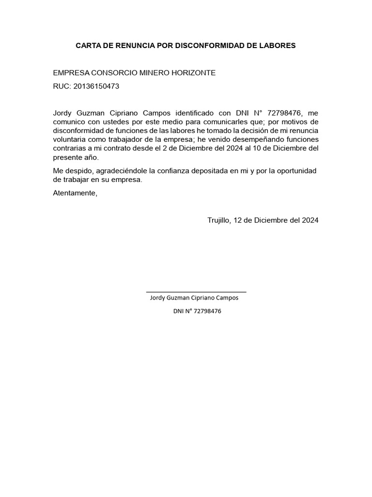 Renuncia por Disconformidad Laboral | PDF