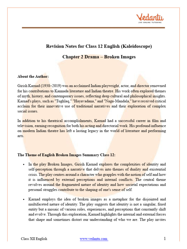 Class 12 English Chapter 2 (Drama) Broken Images Summary and Notes PDF ...