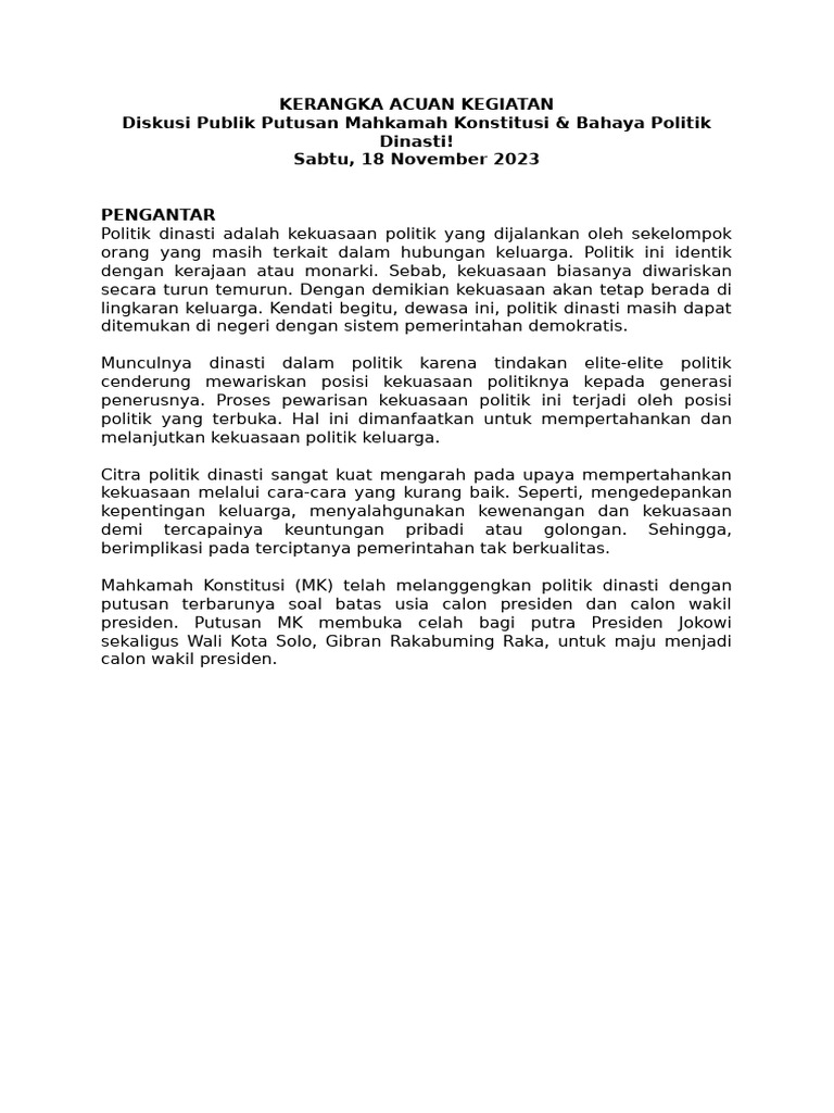 Kerangka Acuan Diskusi Putusan MK | PDF