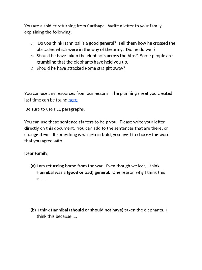 Hannibal Letter Task Sentence Starters 2021 | PDF
