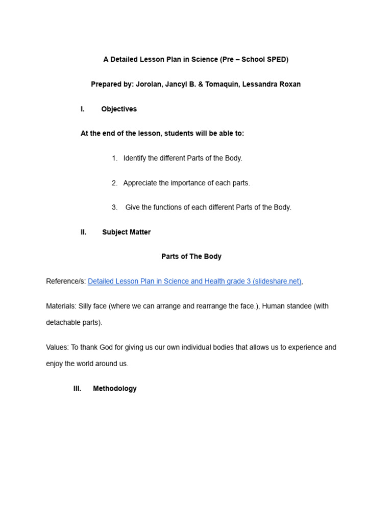 A Detailed Lesson Plan in Science (Pre – School SPED) | PDF