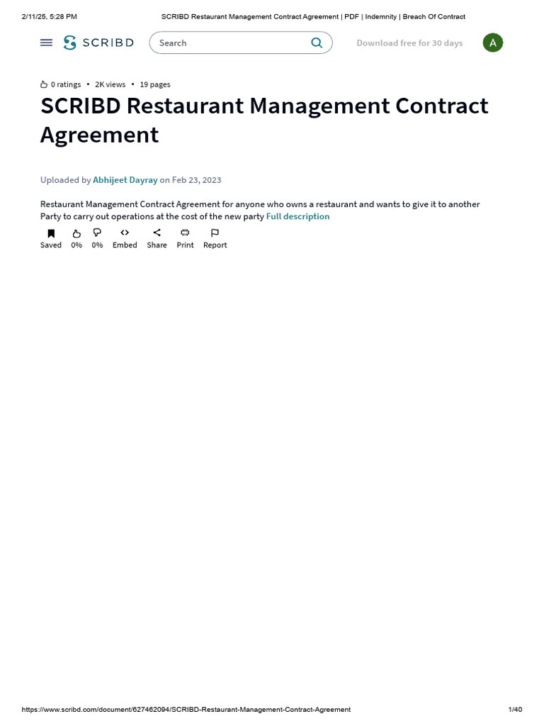 SCRIBD Restaurant Management Contract Agreement - PDF - Indemnity - Breach of Contract | PDF ...