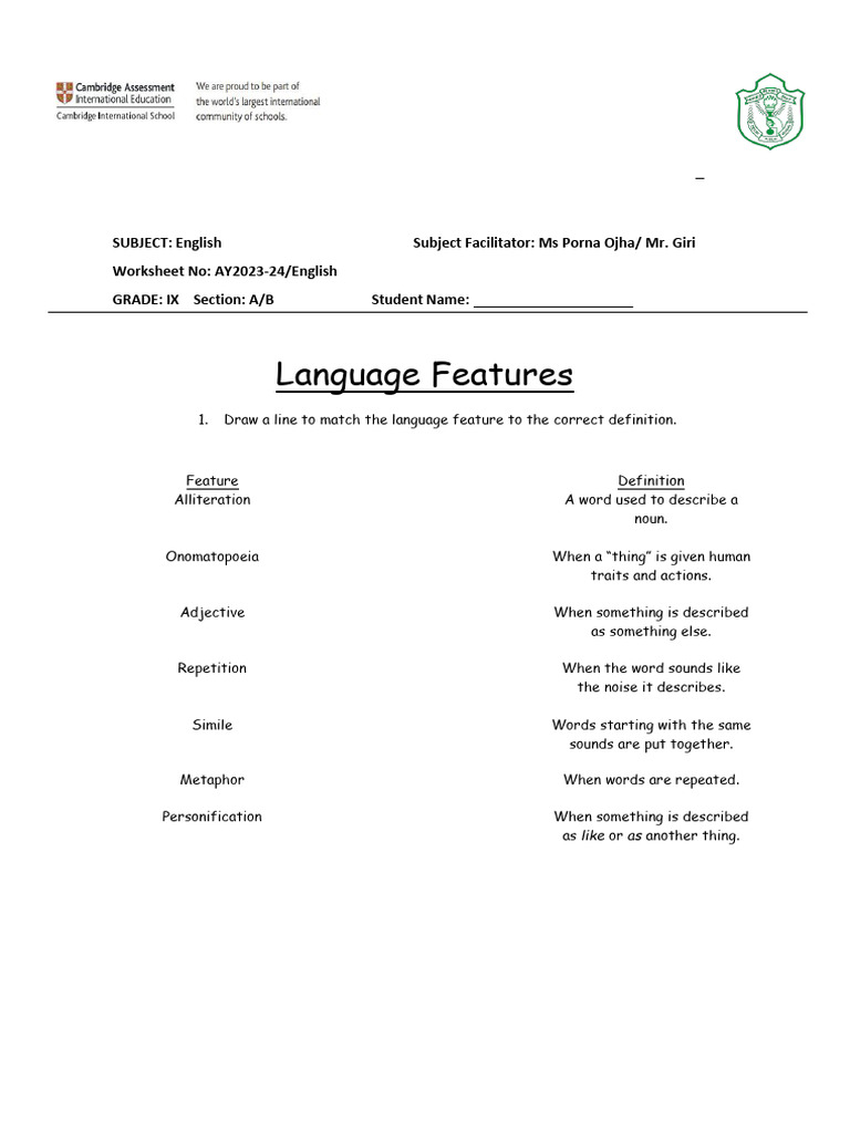 Grade IX English Language Features Worksheet | PDF | English Language ...