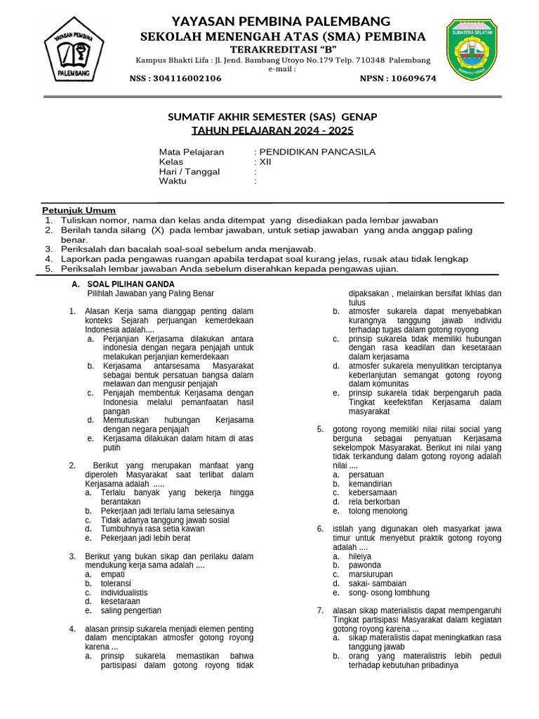 Soal Sas PKN Kelas 12.kumer 2025 | PDF