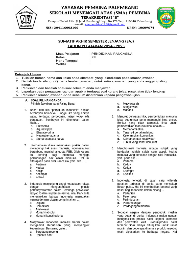 Soal Saj PKN Kelas 12.kumer 2025. Rosa | PDF