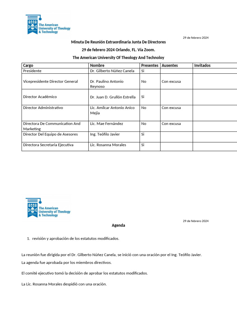 Minuta Reunión Junta Directores 2024 | PDF