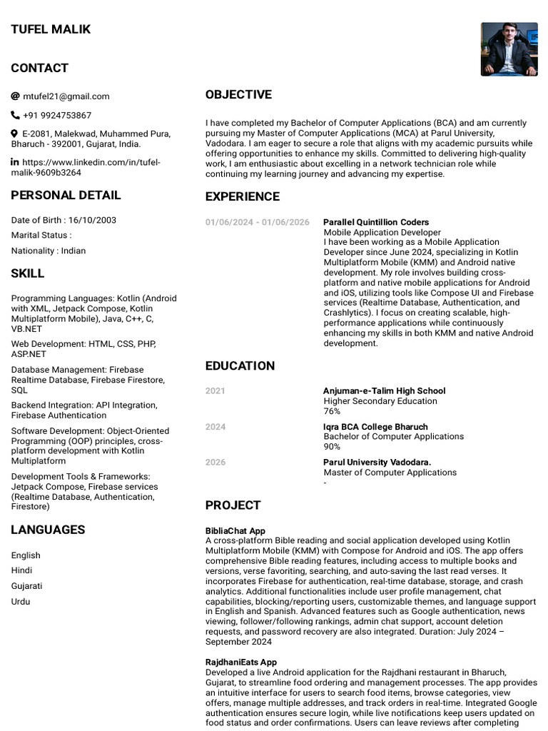 Tufel Malik Resume | PDF | Mobile App | Databases