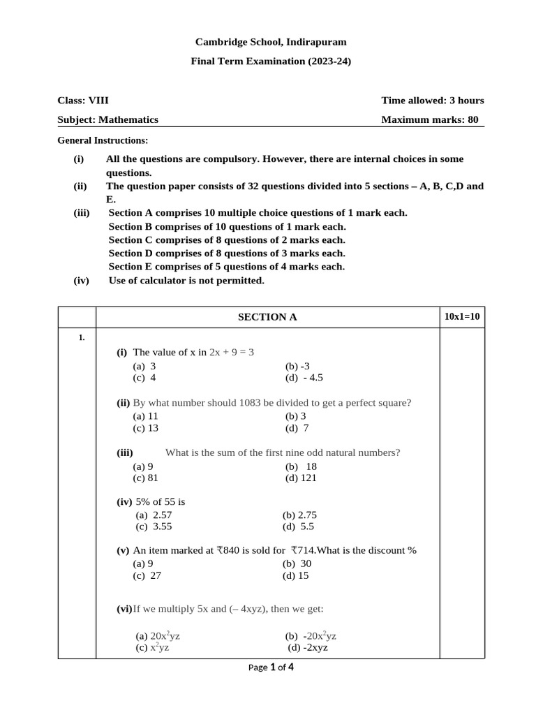 8TH MATH Final Examination (2023-24) 3 | PDF | Area
