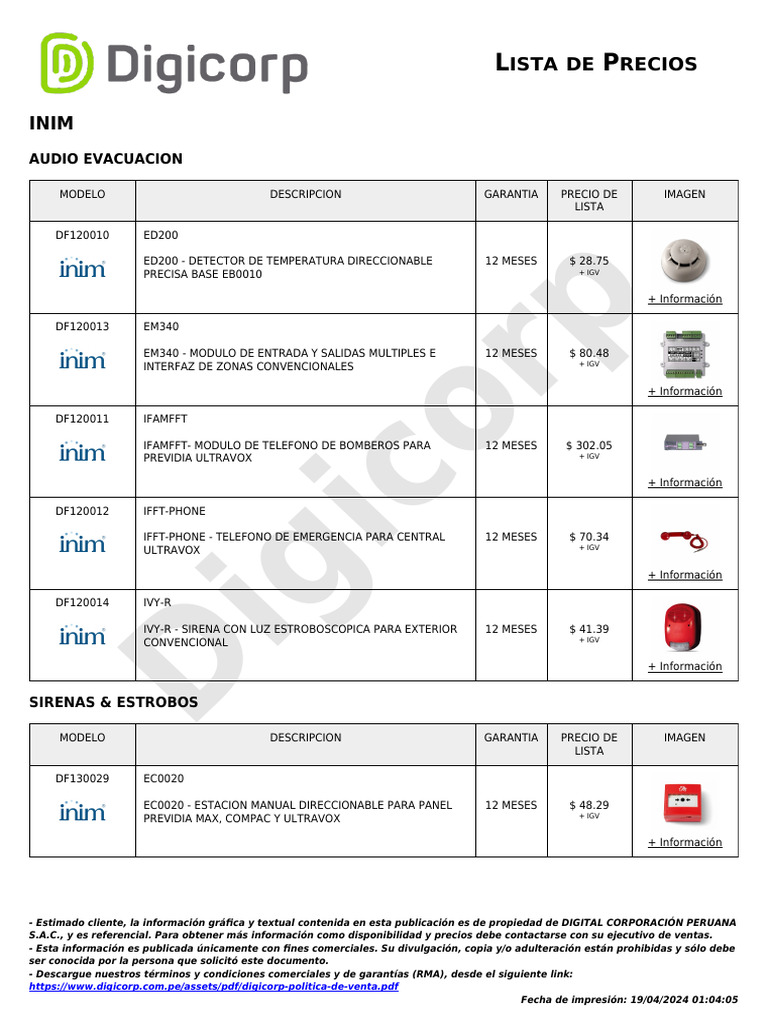 Lista de Precio INIM | PDF