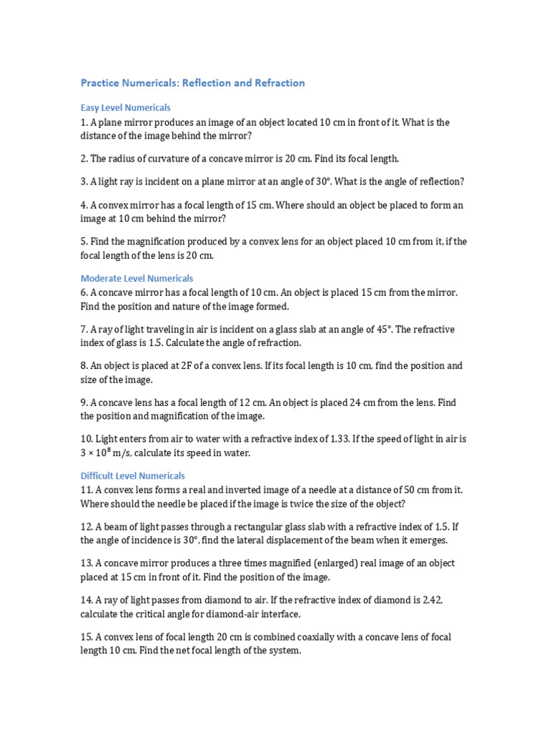 CBSE 10 Light Numericals | PDF