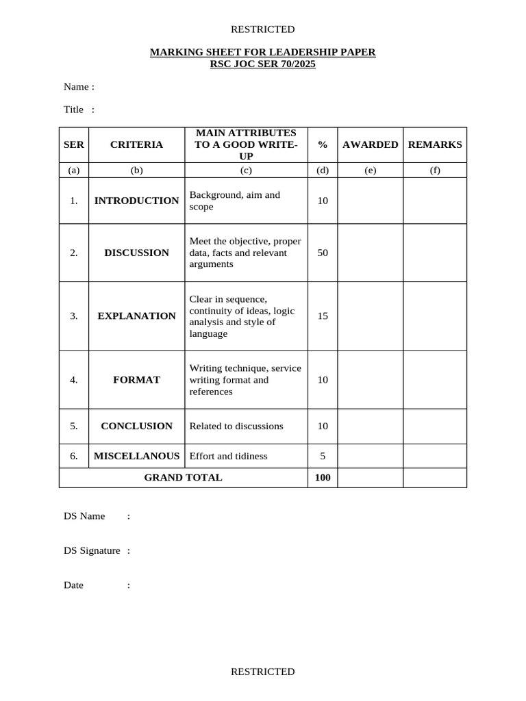 Marking Sheet Paper- Leadership | PDF