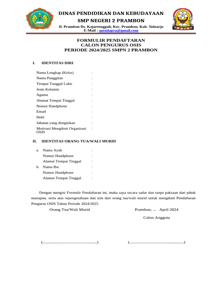 Form Pendaftaran OSIS | PDF
