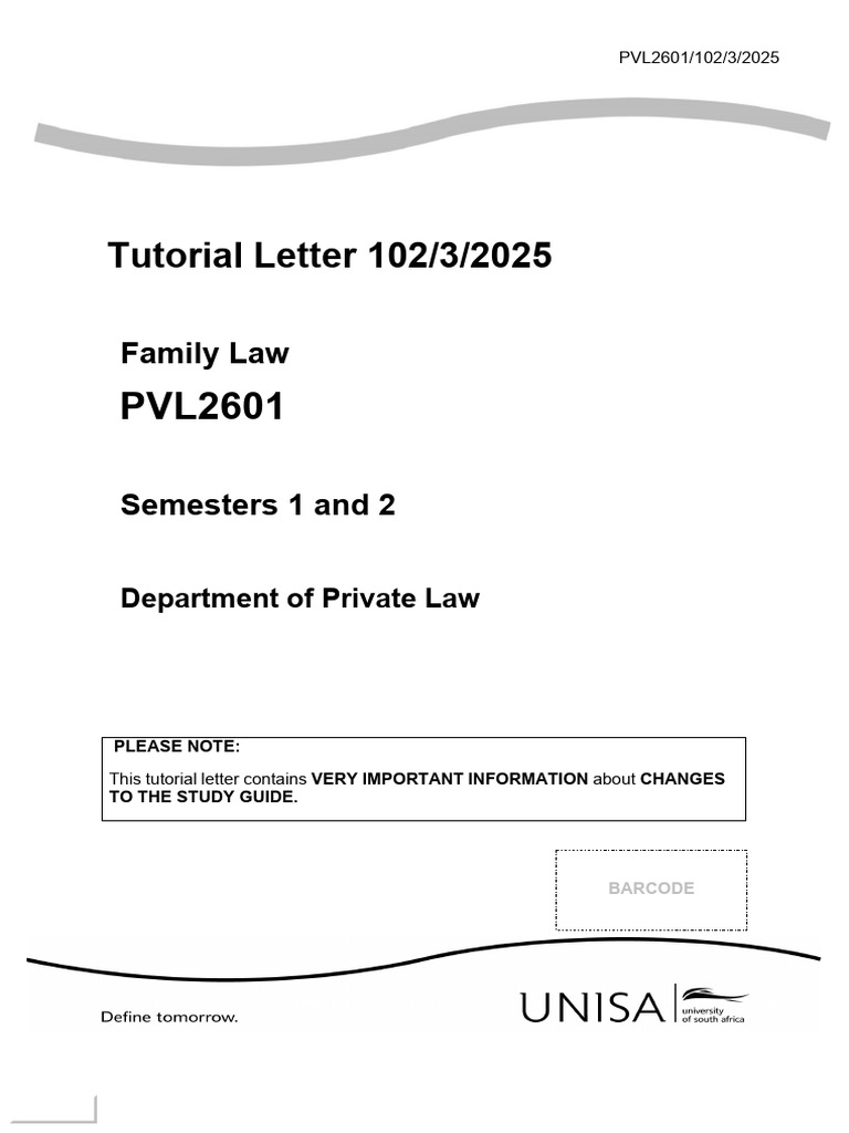 PVL2601 Tutorial Letter 102 - 3 - 2025 | PDF | Annulment | Marriage