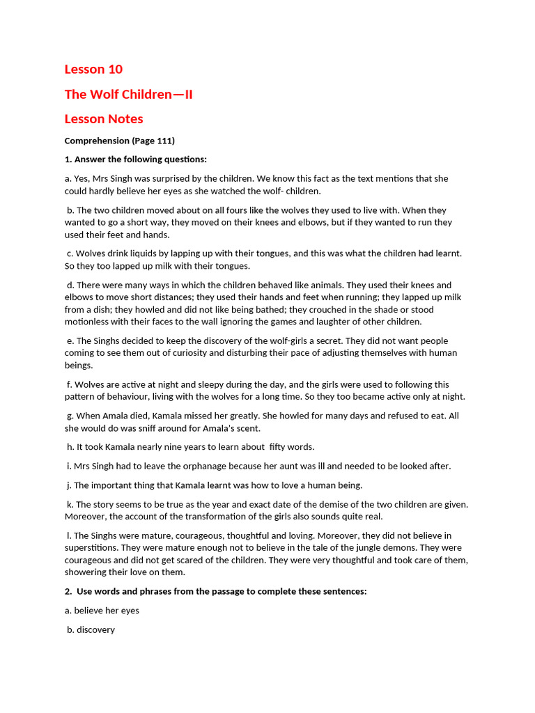 Class VI Lesson 10 The Wolf Children II | PDF | Verb | Linguistics
