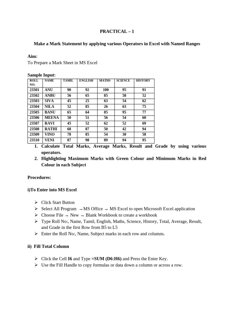 Excel Mark Sheet with Operators Guide | PDF | Microsoft Excel | Computing