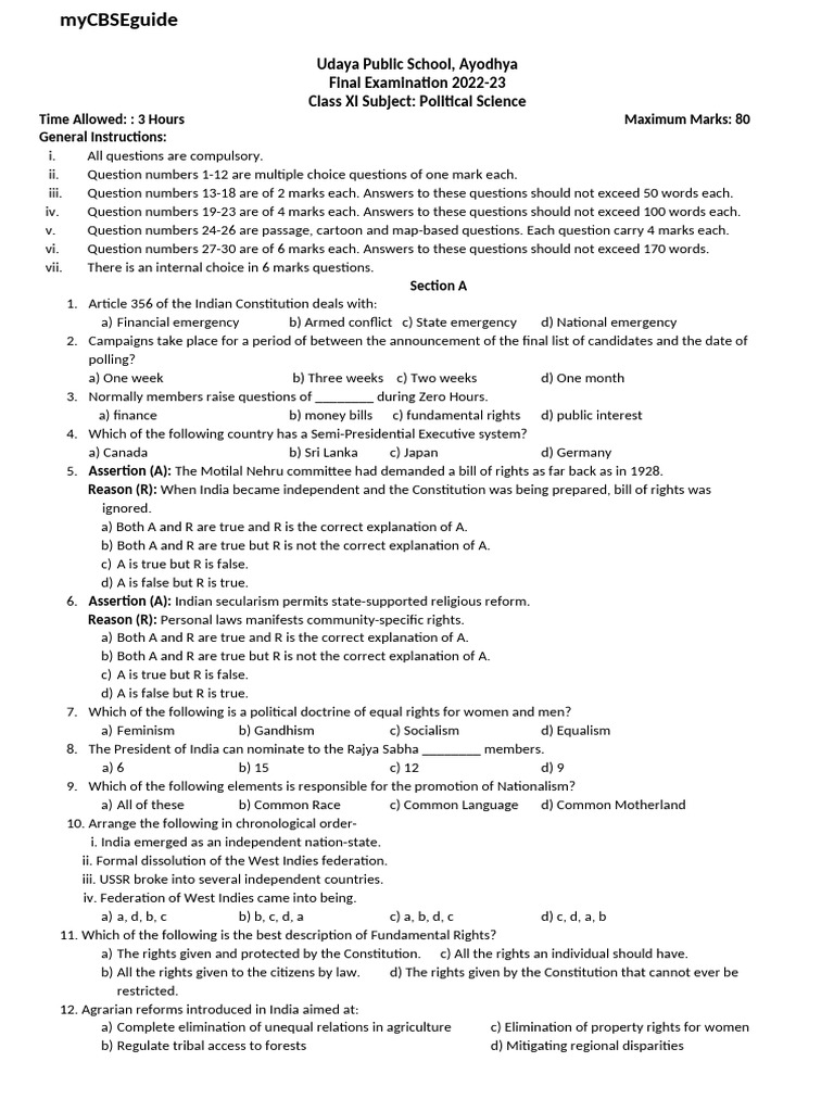 Class XI Political Science Exam 2022-23 | PDF | Justice | Crime & Violence