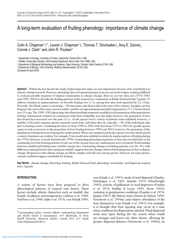 A Long Term Evaluation of Fruiting Phenology Importance of Climate Change | PDF | Coefficient Of ...