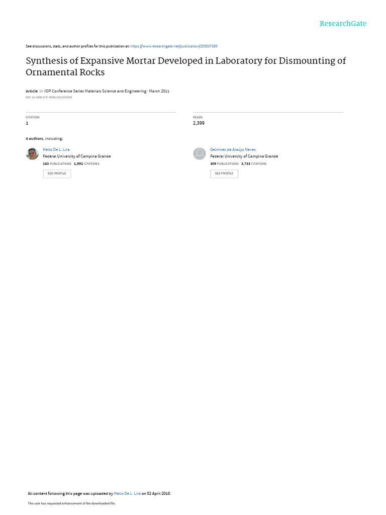 Synthesis of Expansive Mortar Developed in Laborat | PDF | Mortar ...